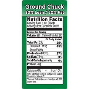 Bollin Label - Ground Chuck-80% Lean/20% Fat (nut Fact) Green/Black/UV ...