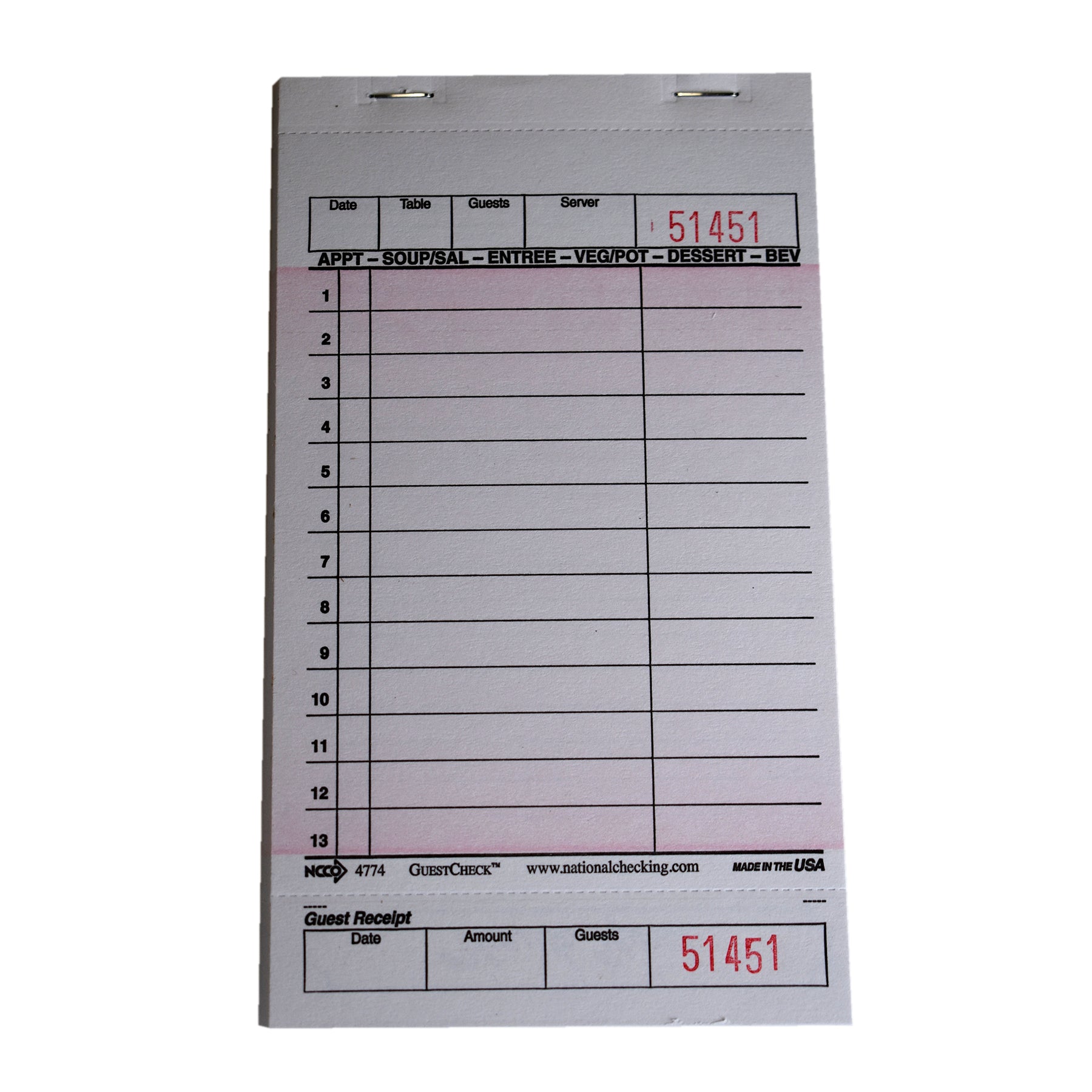 Ncco Guest Check Board 1 Part Pink 13Ln-2500 Each-1/Case MPN# P4774SP ...