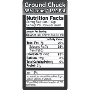 Bollin Label - Ground Chuck-85% Lean/15% Fat(nut Fact) Black/UV 1.5x3.0 ...