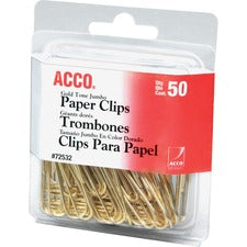ACCO Gold Tone Paper Clips, Jumbo, Smooth, Gold, 50/box | Round Eye Supply